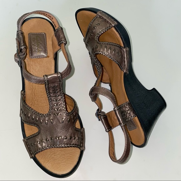 Clarks | Shoes | Clarks Metallic Bronze Wedge Heel Sandal 9 | Poshmark